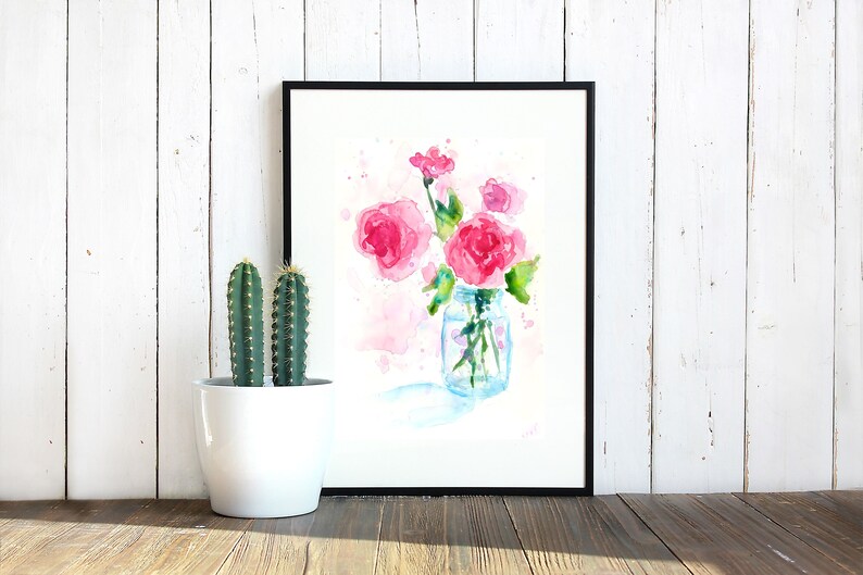 Hot Pink Roses Watercolor Print: Floral Bouquet Still Life (digital ...