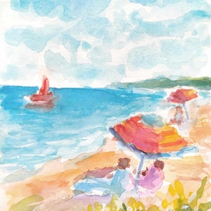 Colorful Set of 3 Preppy Beach Scene Watercolor Print Summer Coastal ...