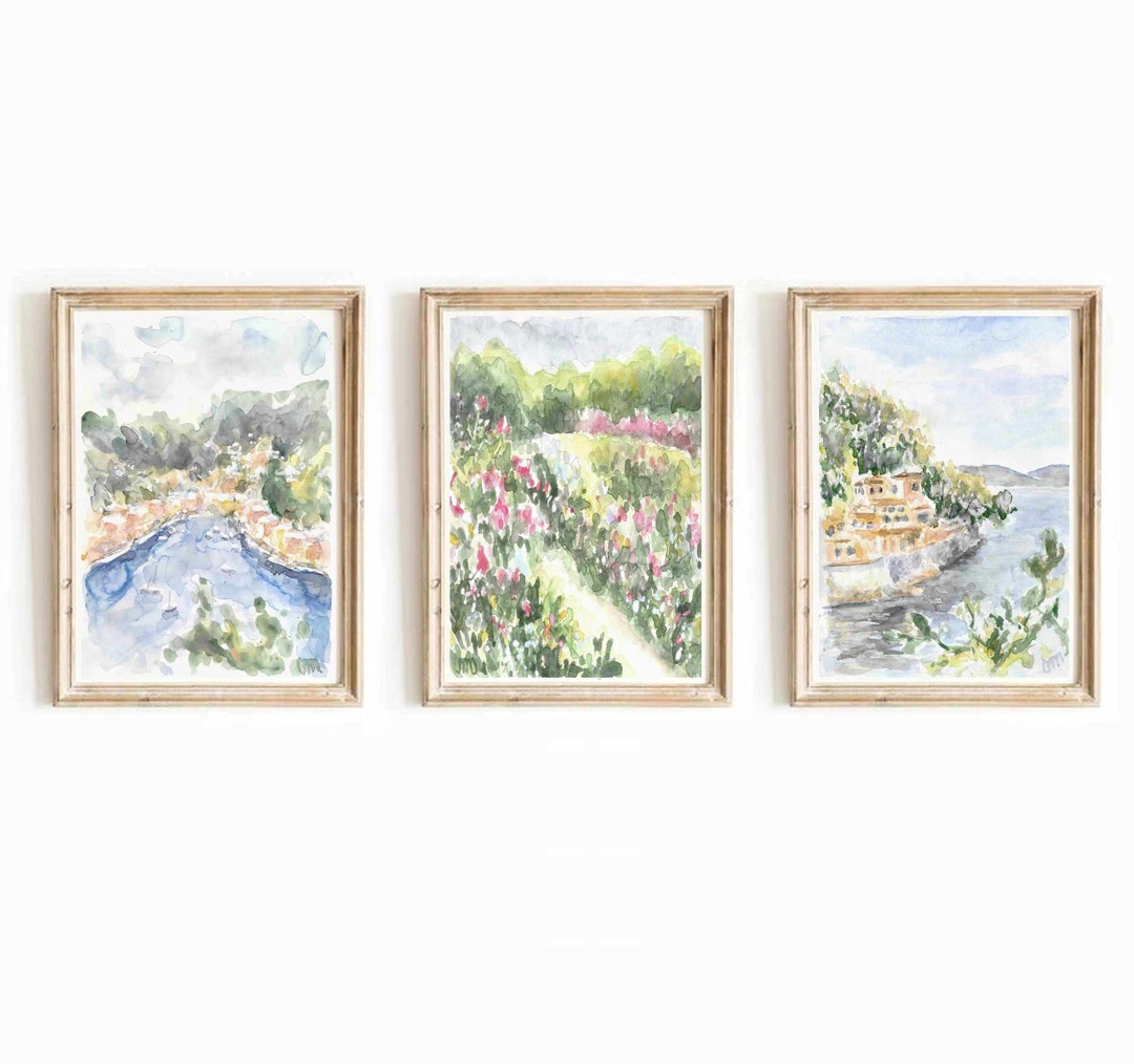 Vintage Style Set of 3 Mediterranean Seascape Coastal Watercolor Print ...
