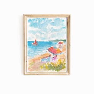 Colorful Set of 3 Preppy Beach Scene Watercolor Print Summer Coastal ...
