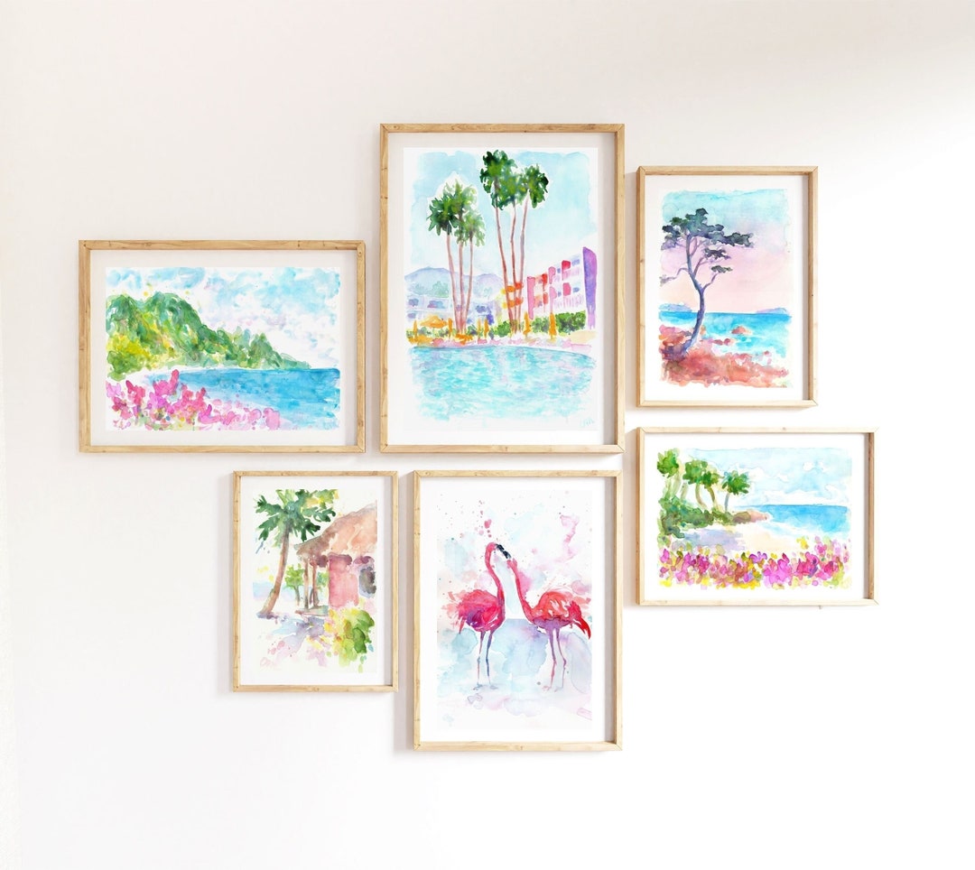 Colorful Set of 6 Summer Beach Watercolor Digital Prints Hawaii Island ...
