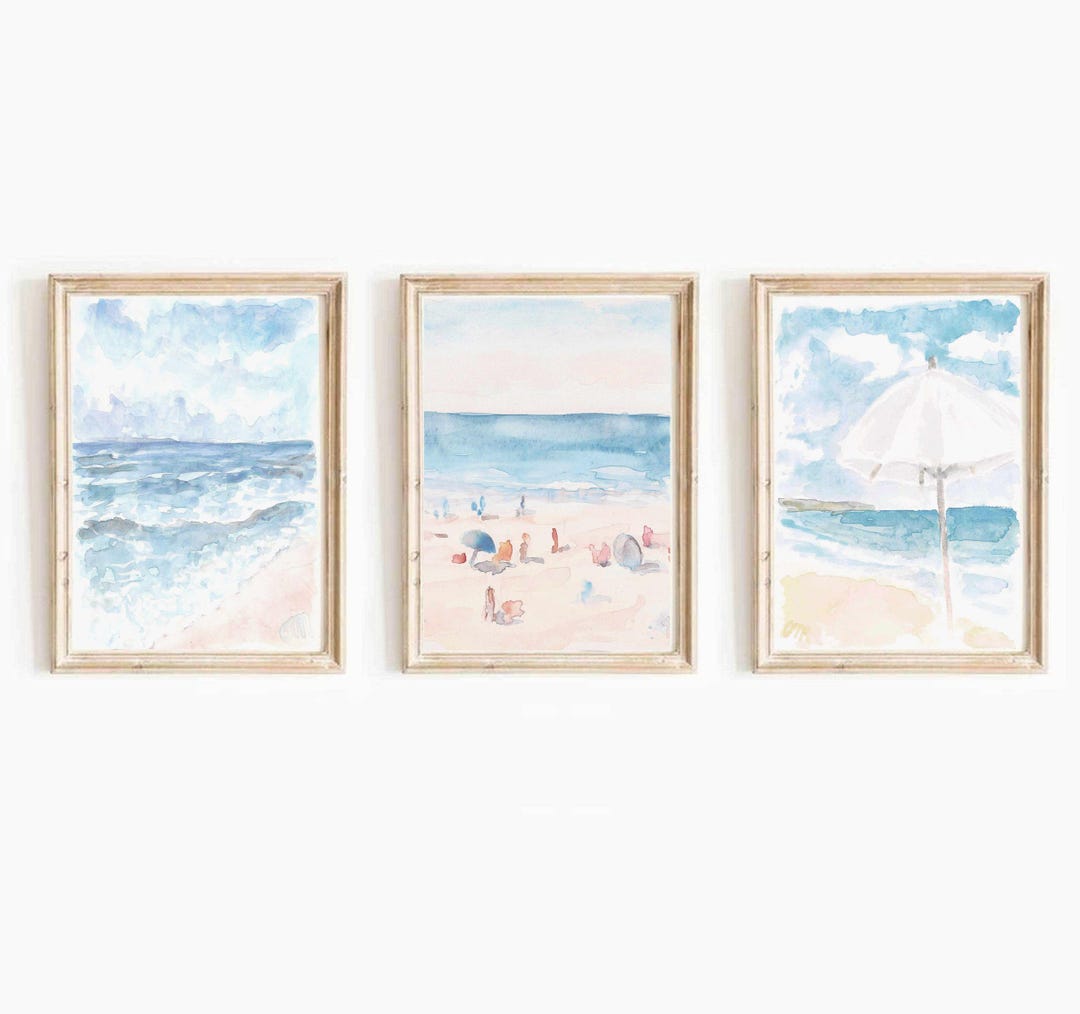 Pastel Blue Beach Scene Prints: Hawaii Coastal Watercolor Art (digital ...