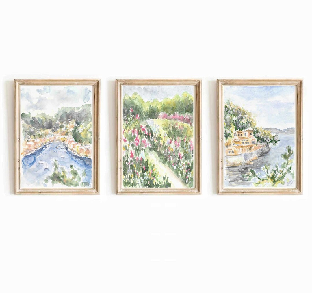 Vintage Style Set of 3 Mediterranean Seascape Coastal Watercolor Print ...