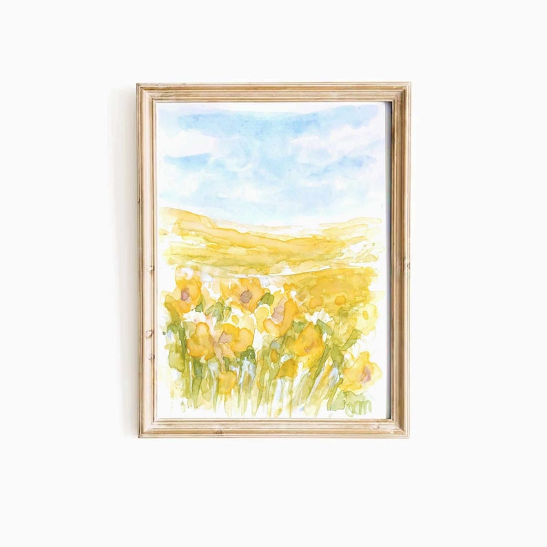 Pastel Yellow Watercolor Print Set: Floral, Sunflower, Beach (digital ...