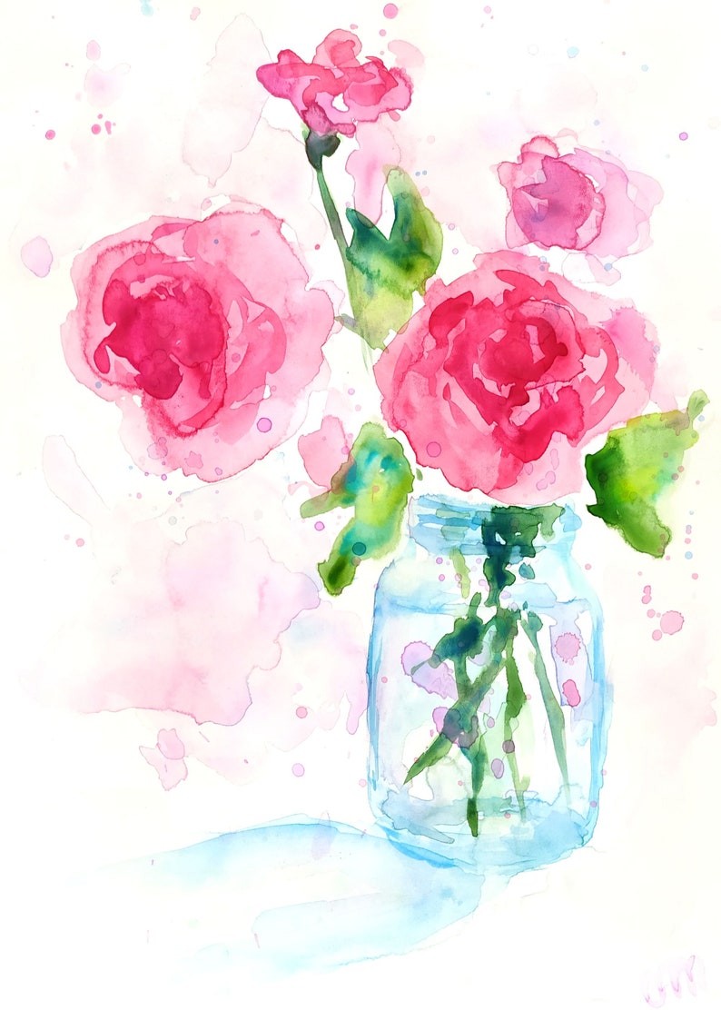 Hot Pink Roses Watercolor Print: Floral Bouquet Still Life (digital ...
