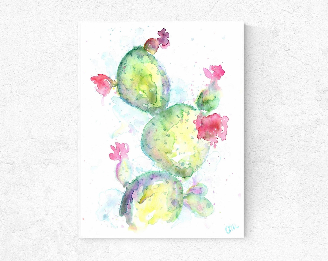 Colorful Prickly Pear Cactus Watercolor Digital Print Blooming Cactus ...