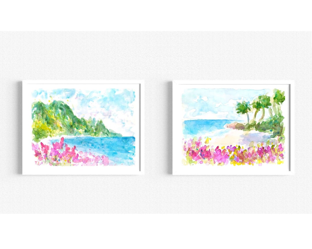 Hawaii Beach Watercolor Set of 2 Prints Colorful Coastal - Etsy