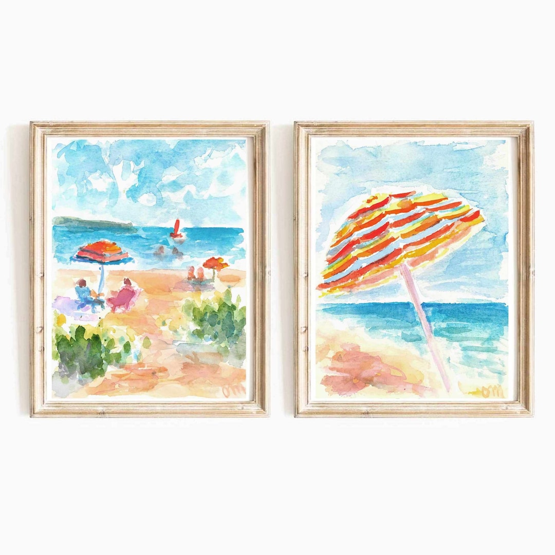 Colorful Coastal Beach Watercolor Print Set: Beach Umbrellas Wall Art ...
