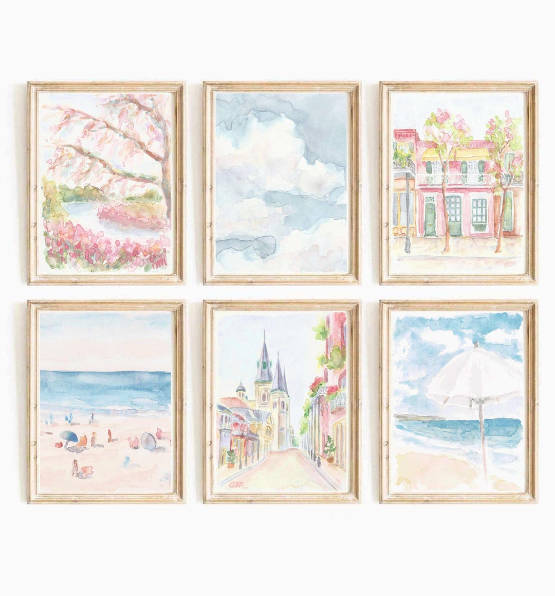 Pastel Pink New Orleans Louisiana Set of 6 Watercolor Print Beach Scene ...