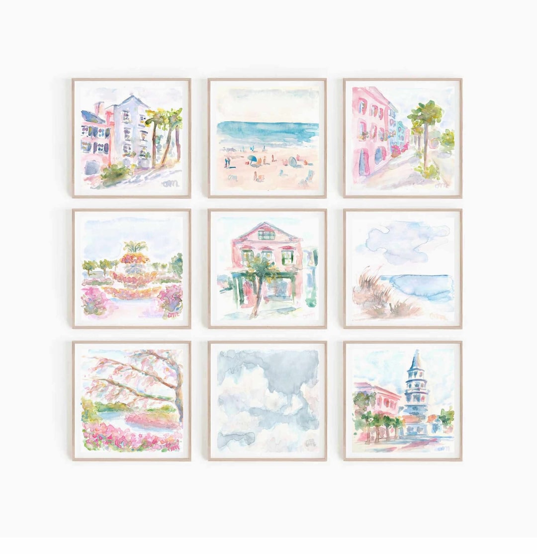 Set of 9 Charleston South Carolina Pastel Blue Pink Watercolor Print ...