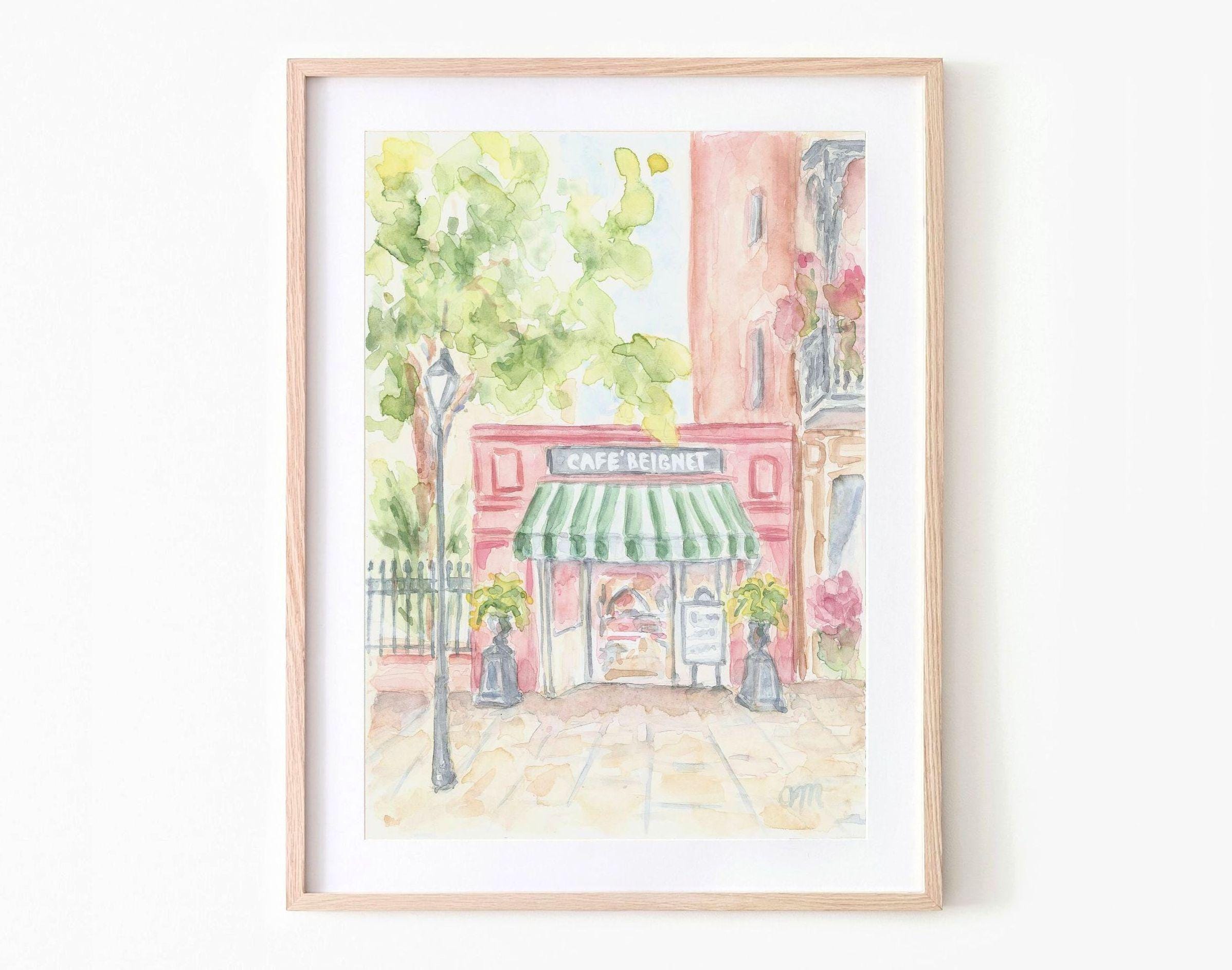 New Orleans Cafe Beignet Watercolor Print: Girly Pink NOLA Art (digital ...