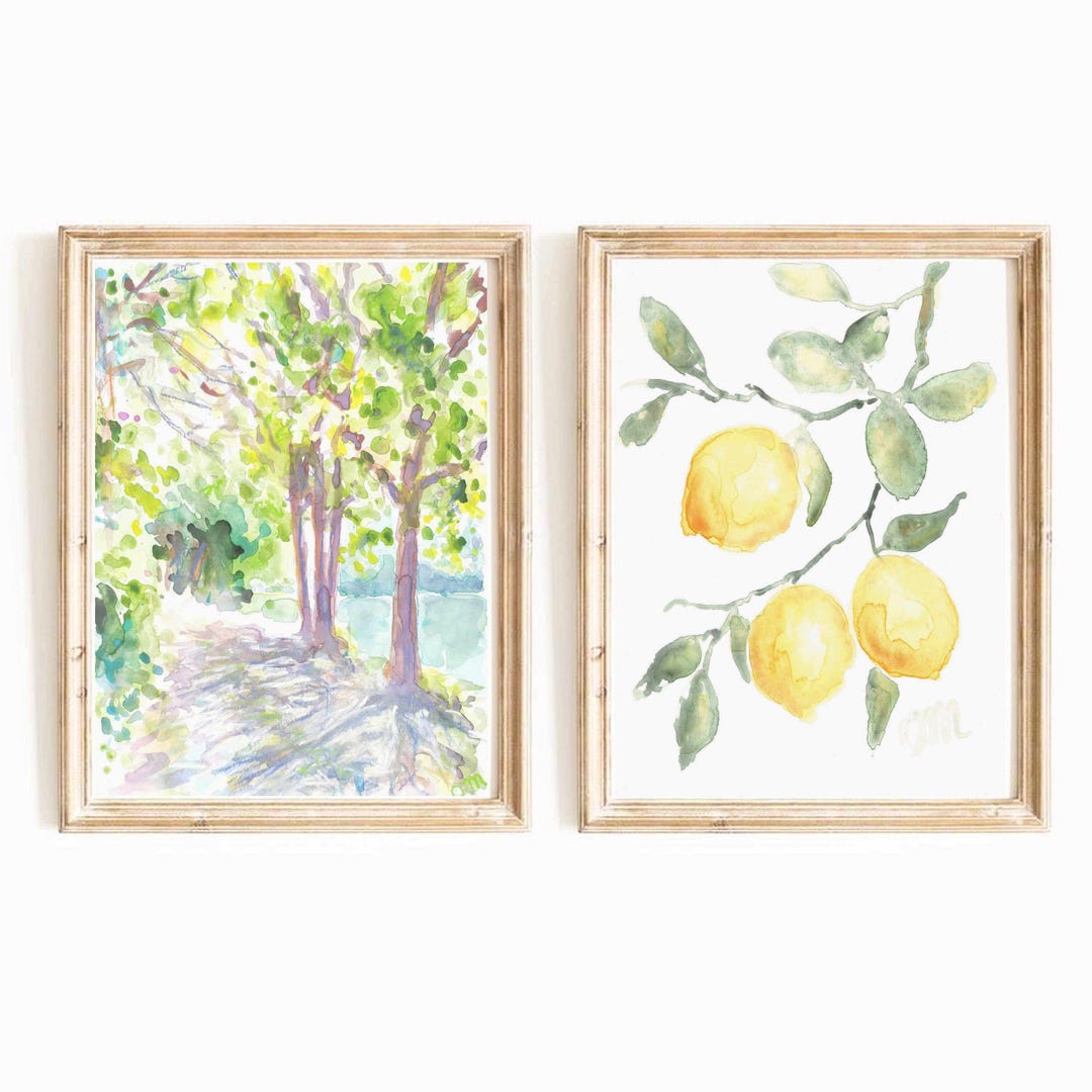 Lemon Tree Watercolor Print Set: Pastel Summer Landscape (digital ...