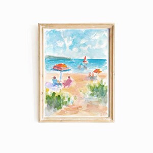 Colorful Set of 3 Preppy Beach Scene Watercolor Print Summer Coastal ...