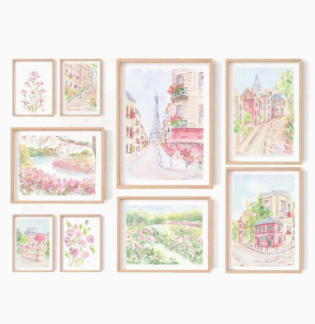 Pastel Pink Preppy Paris Set of 9 France Watercolor Print Eiffel Tower ...