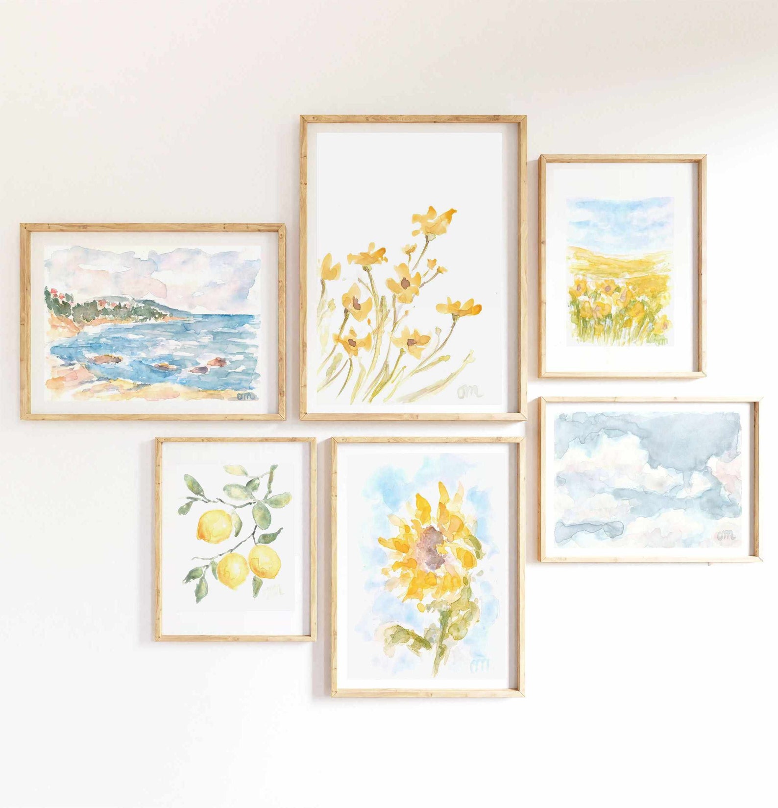 Pastel Yellow Watercolor Print Set: Floral, Sunflower, Beach (digital ...