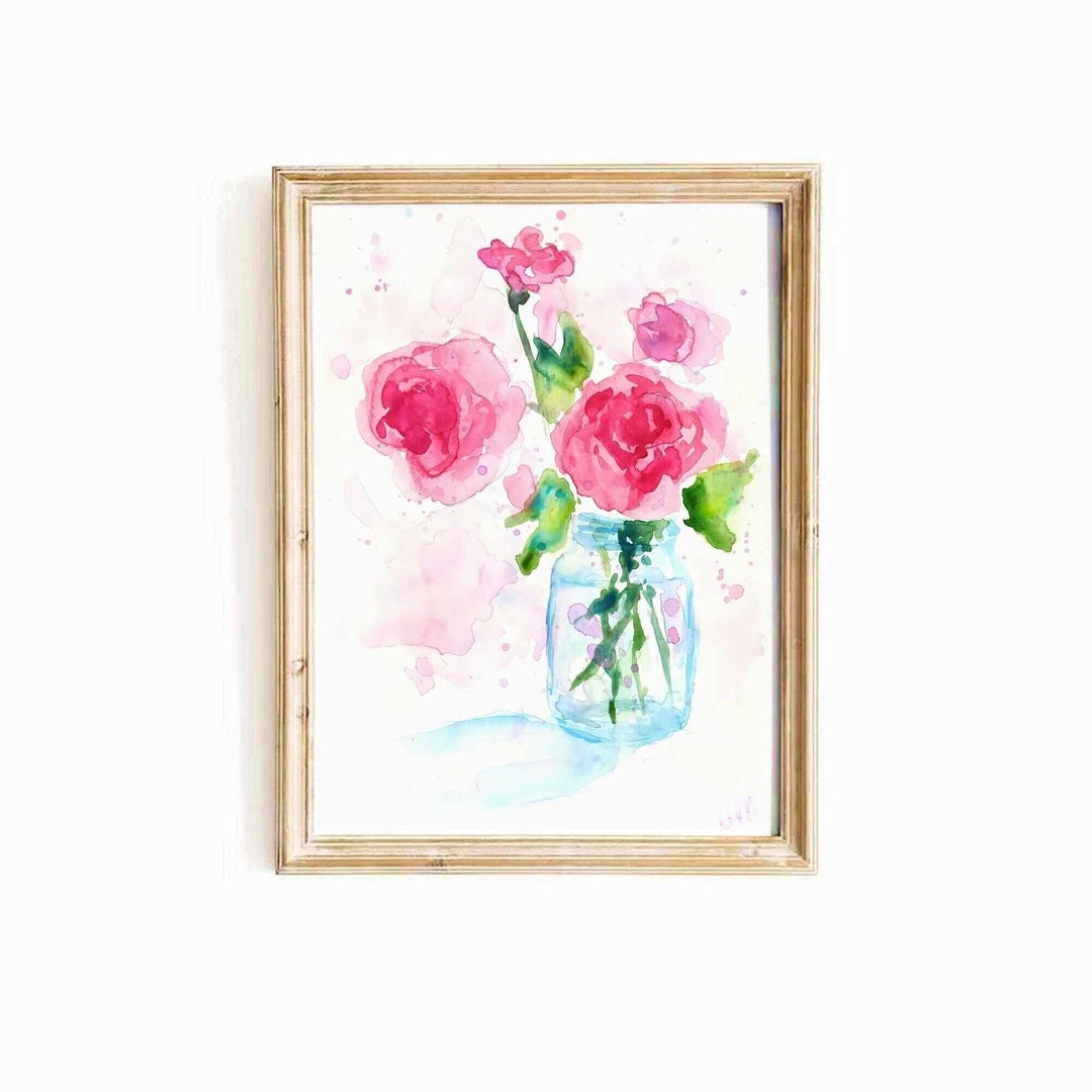 Hot Pink Roses Watercolor Print: Floral Bouquet Still Life (digital ...