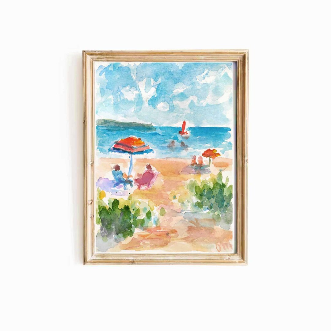 Colorful Beach Umbrella Watercolor Digital Print Summer Landscape ...