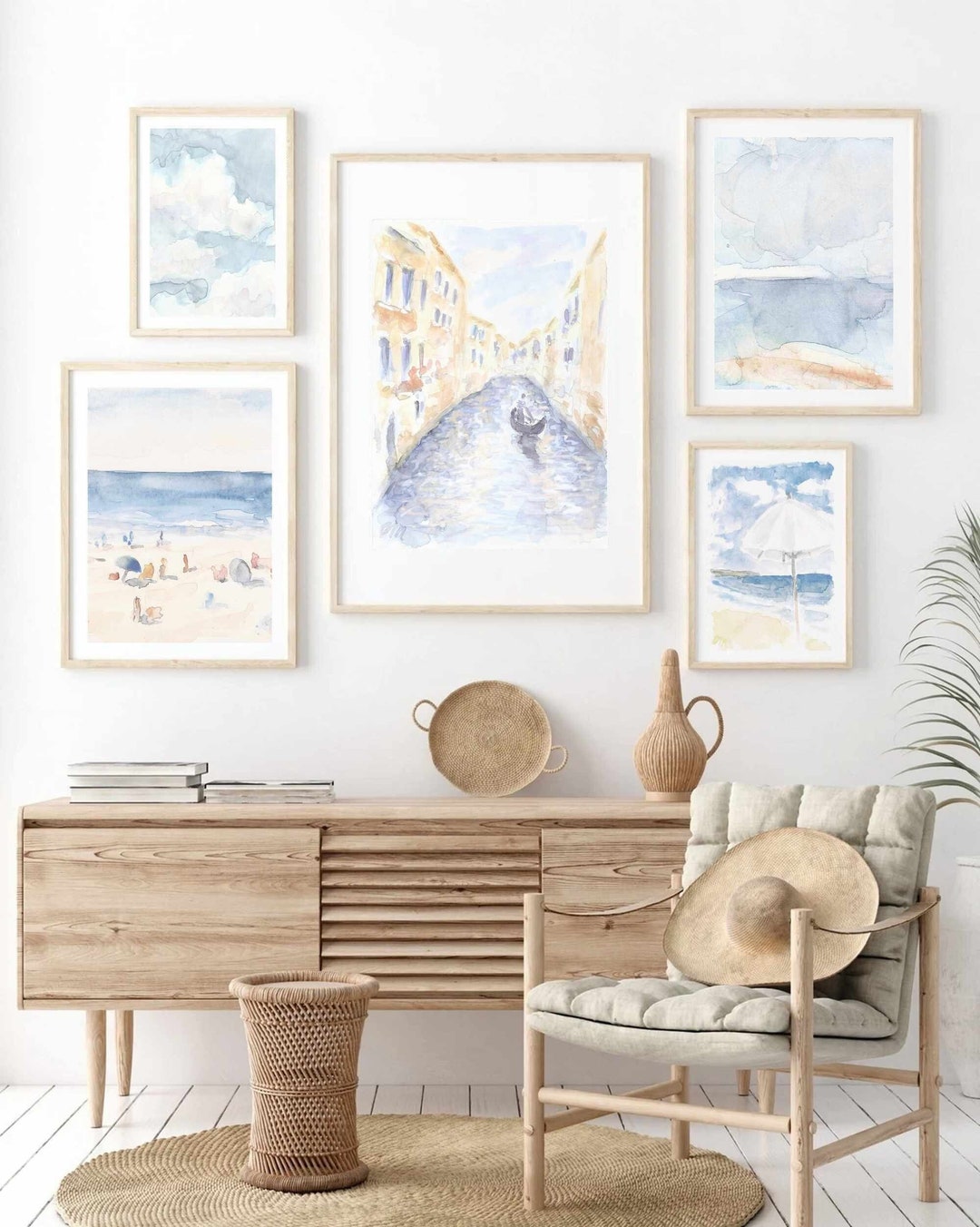 Pastel Blue Italy Watercolor Print Set: Mediterranean Seascape (digital ...