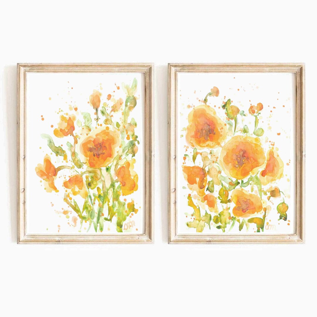 Colorful Orange Poppy Flower Watercolor Set of 2 Prints Floral Print ...