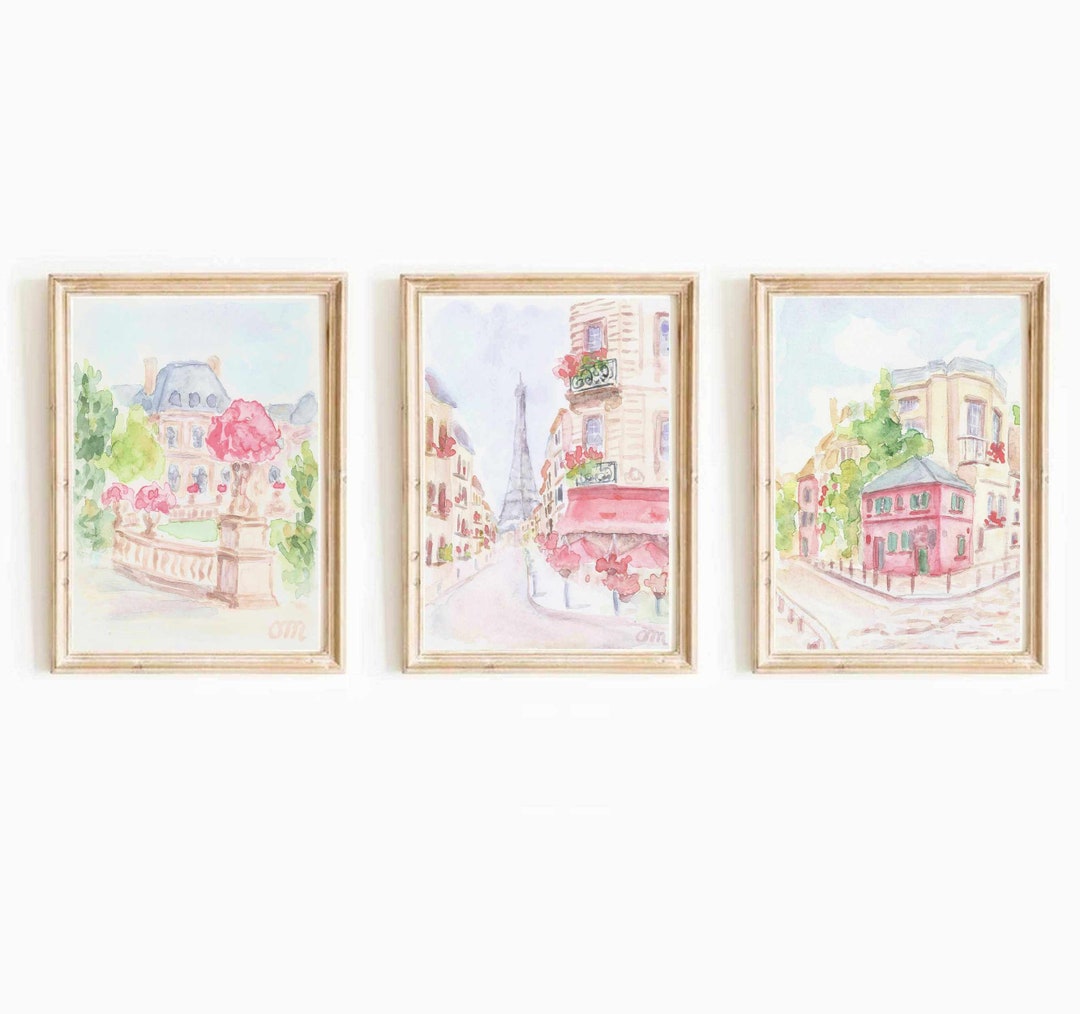 Pastel Pink Paris Print Set: Eiffel Tower, Preppy Parisian Cafe Wall ...