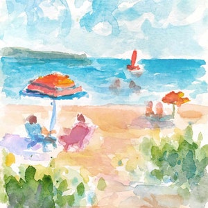 Colorful Set of 3 Preppy Beach Scene Watercolor Print Summer Coastal ...