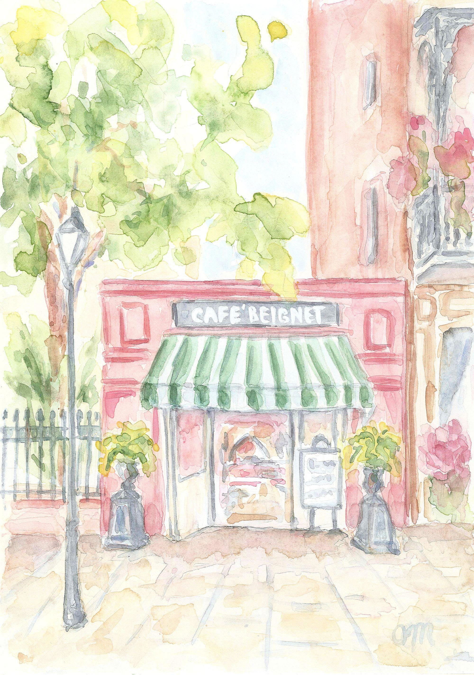 New Orleans Cafe Beignet Watercolor Print: Girly Pink NOLA Art (digital ...
