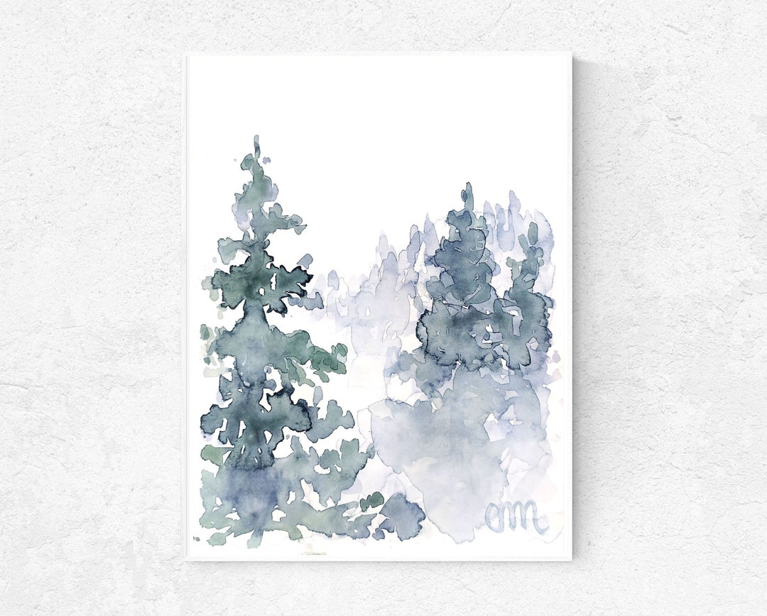 Indigo Mountain Forest Watercolor Print: Misty Pine Tree Landscape ...