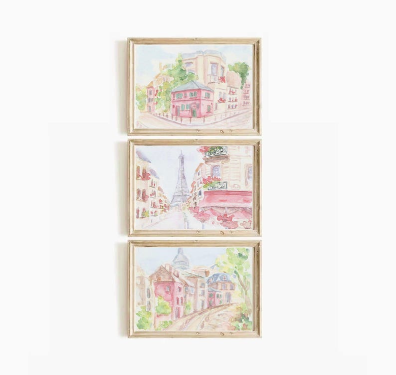 Pastel Pink Preppy Paris Watercolor Print Set, Girly Paris Wall Art ...