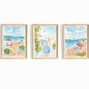 Colorful Set of 3 Preppy Beach Scene Watercolor Print Summer Coastal ...