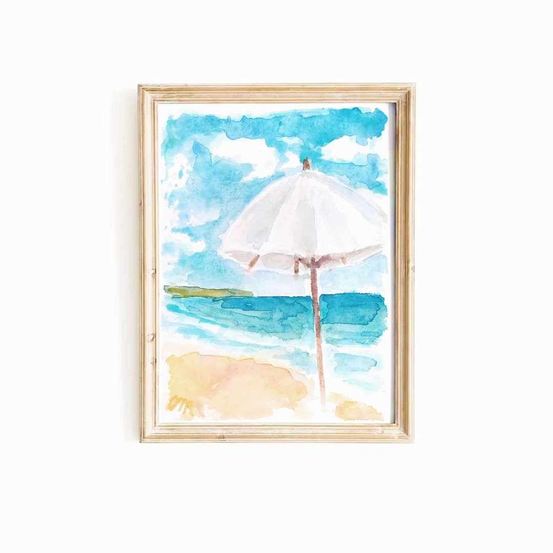 Beach Umbrella Watercolor Digital Print Summer Landscape Beach Coastal ...