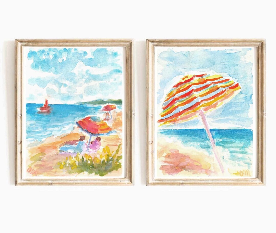 Set of 2 Summer Beach Watercolor Prints 2 Piece Colorful Beach - Etsy