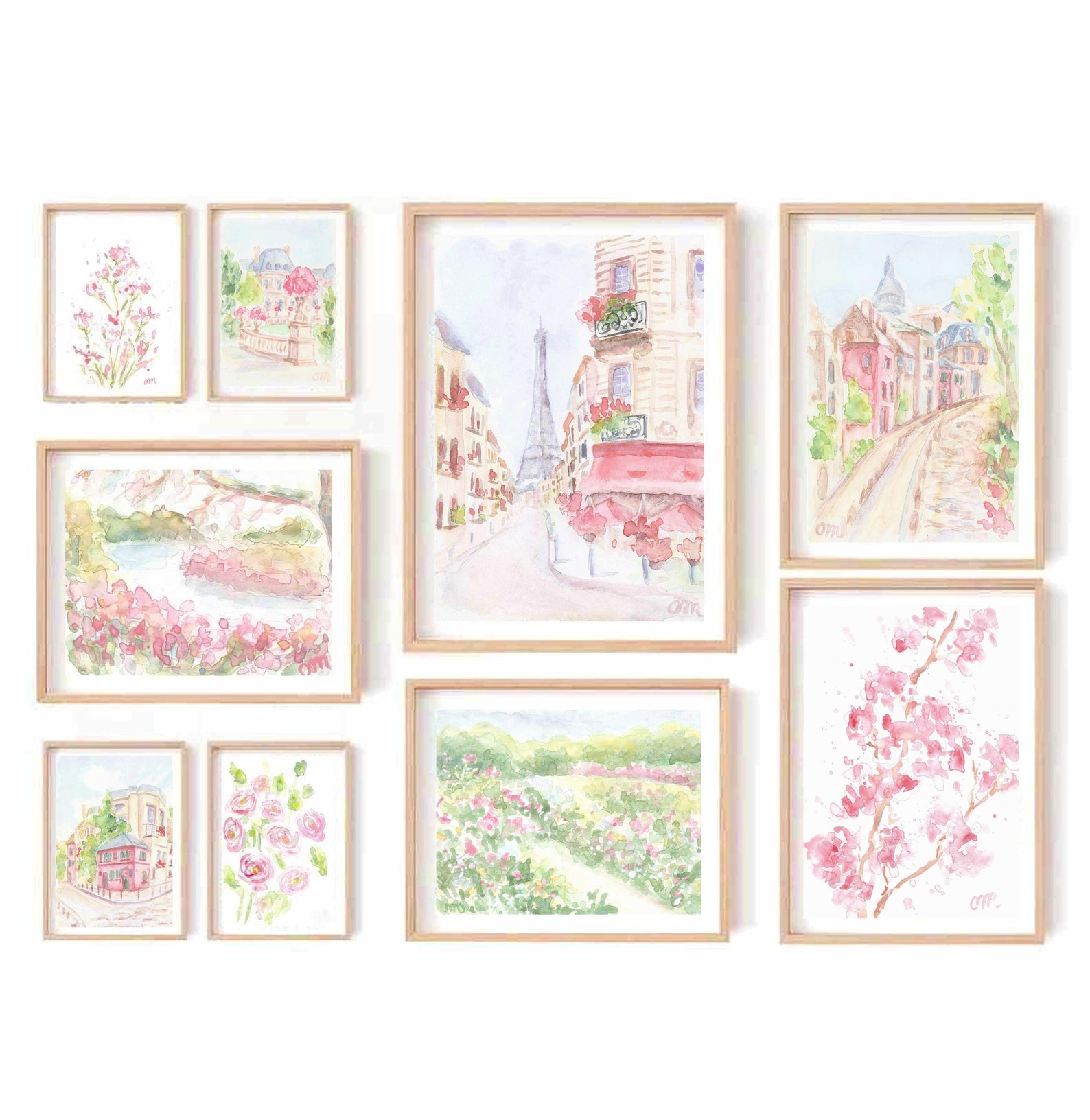 Pastel Pink Paris Watercolor Print Set: Eiffel Tower, Parisian Cafe ...