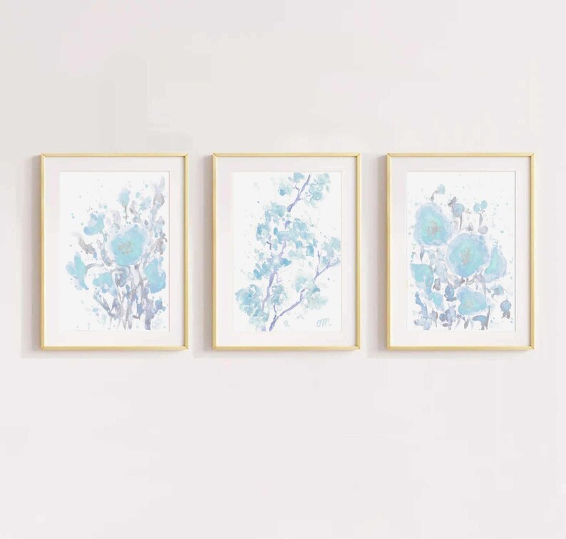 Pastel Blue Floral Watercolor Print Set: Poppy & Wildflower Botanical ...