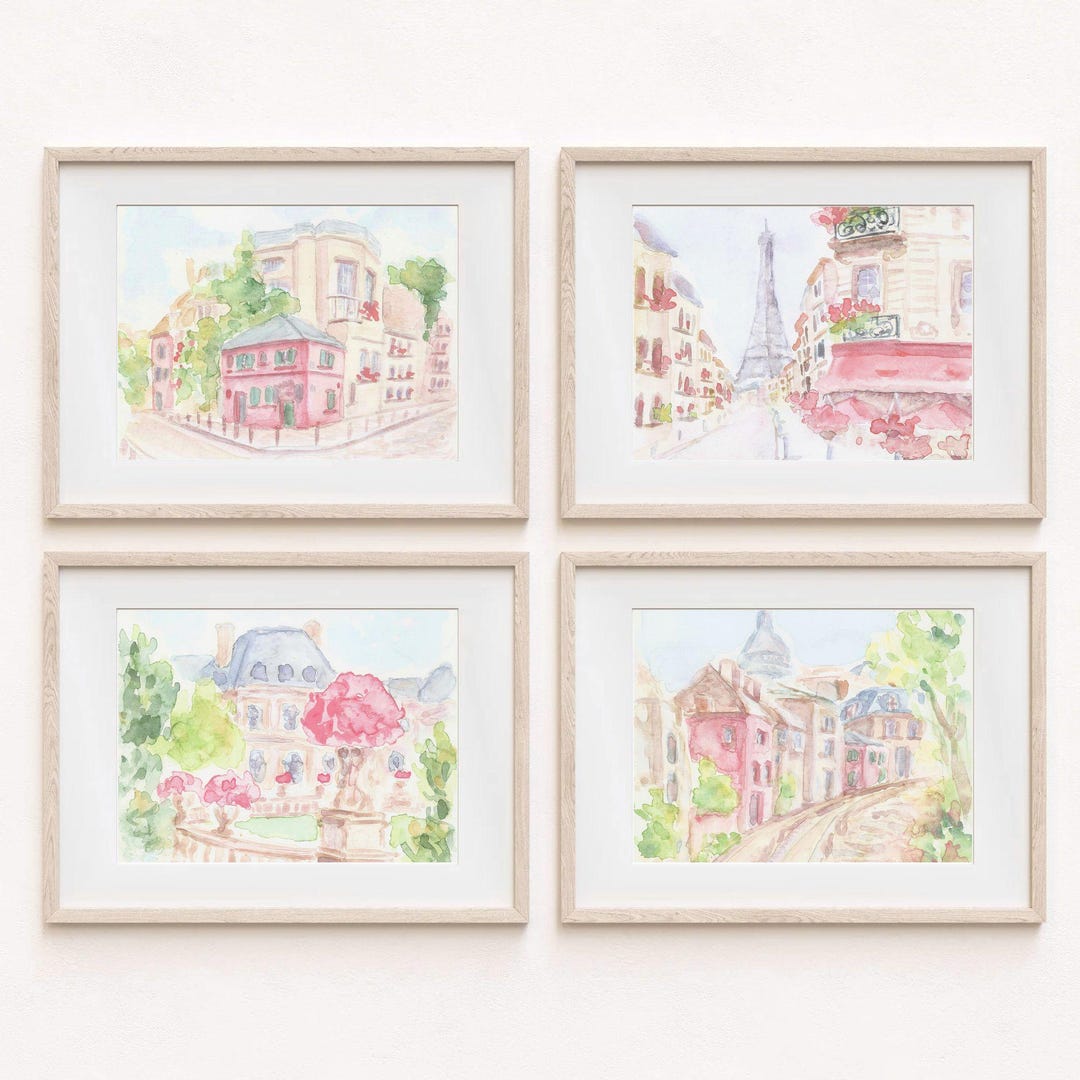 Pastel Pink Paris Watercolor Print Set: Eiffel Tower, Parisian Cafe ...