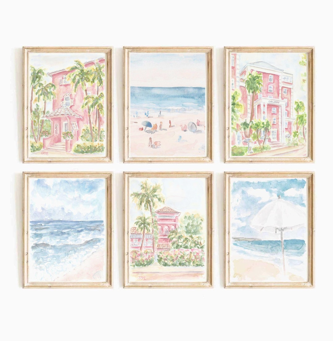Pastel Pink Beach Watercolor Print Set: Preppy Florida Coastal Wall Art ...