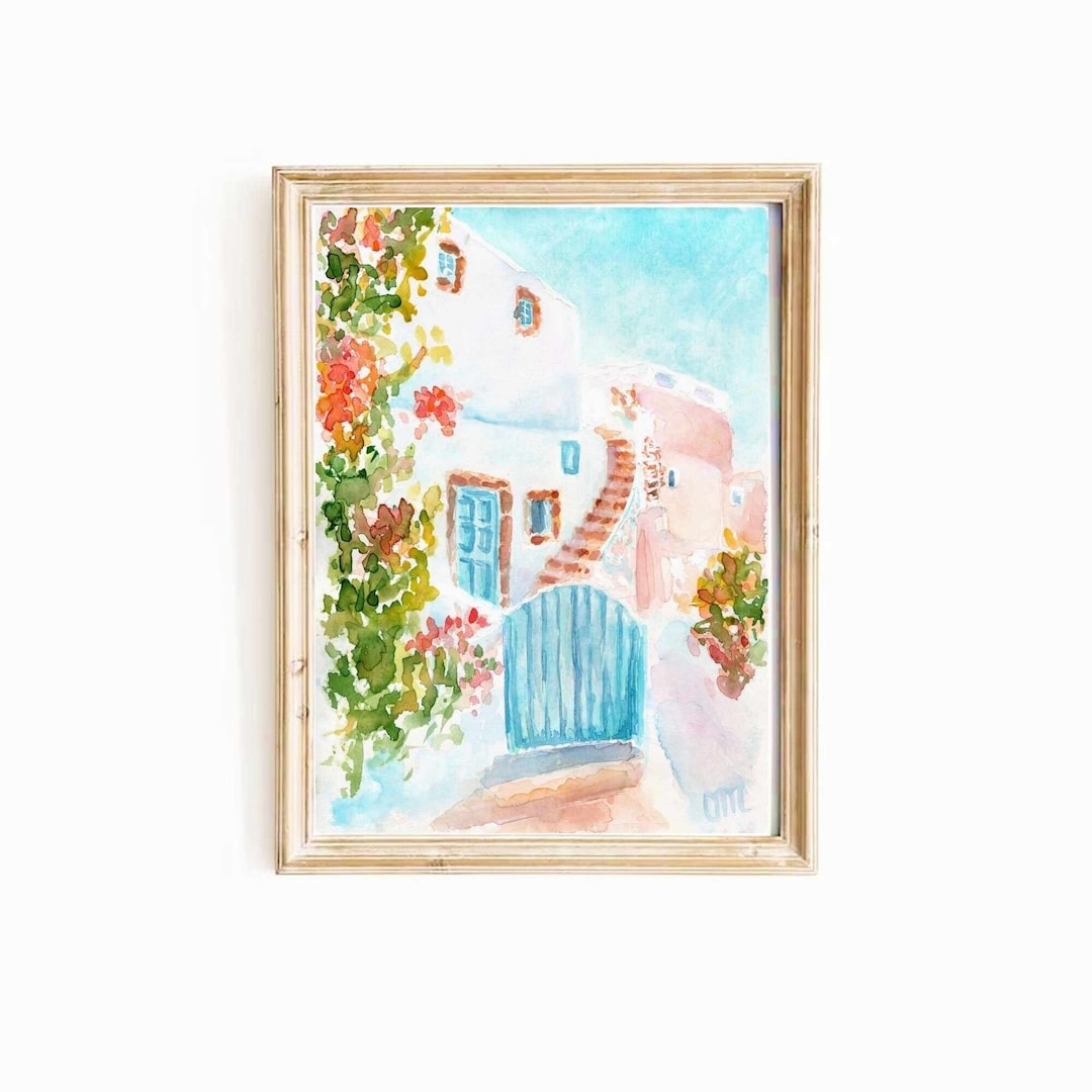 Santorini Greece Preppy Watercolor Print Santorini Street Painting ...