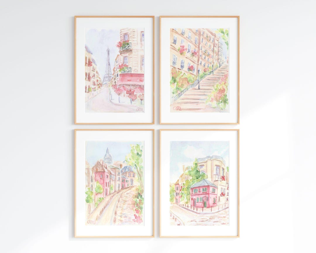 Pastel Pink Preppy Paris Watercolor Print Set of 4 Eiffel Tower Instant ...