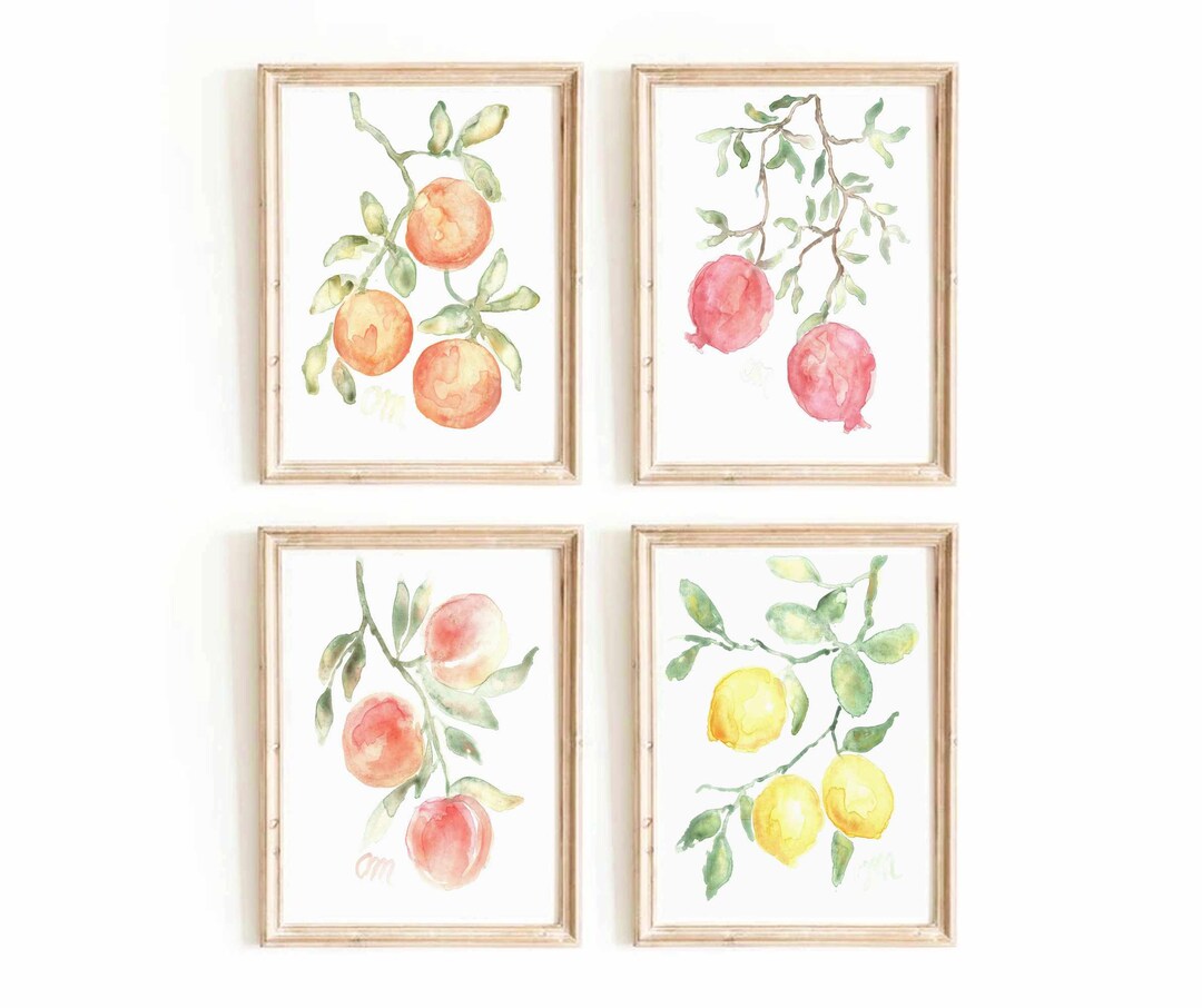 Colorful Fruit Watercolor Digital Print Set of 4 Pomegranate Orange ...
