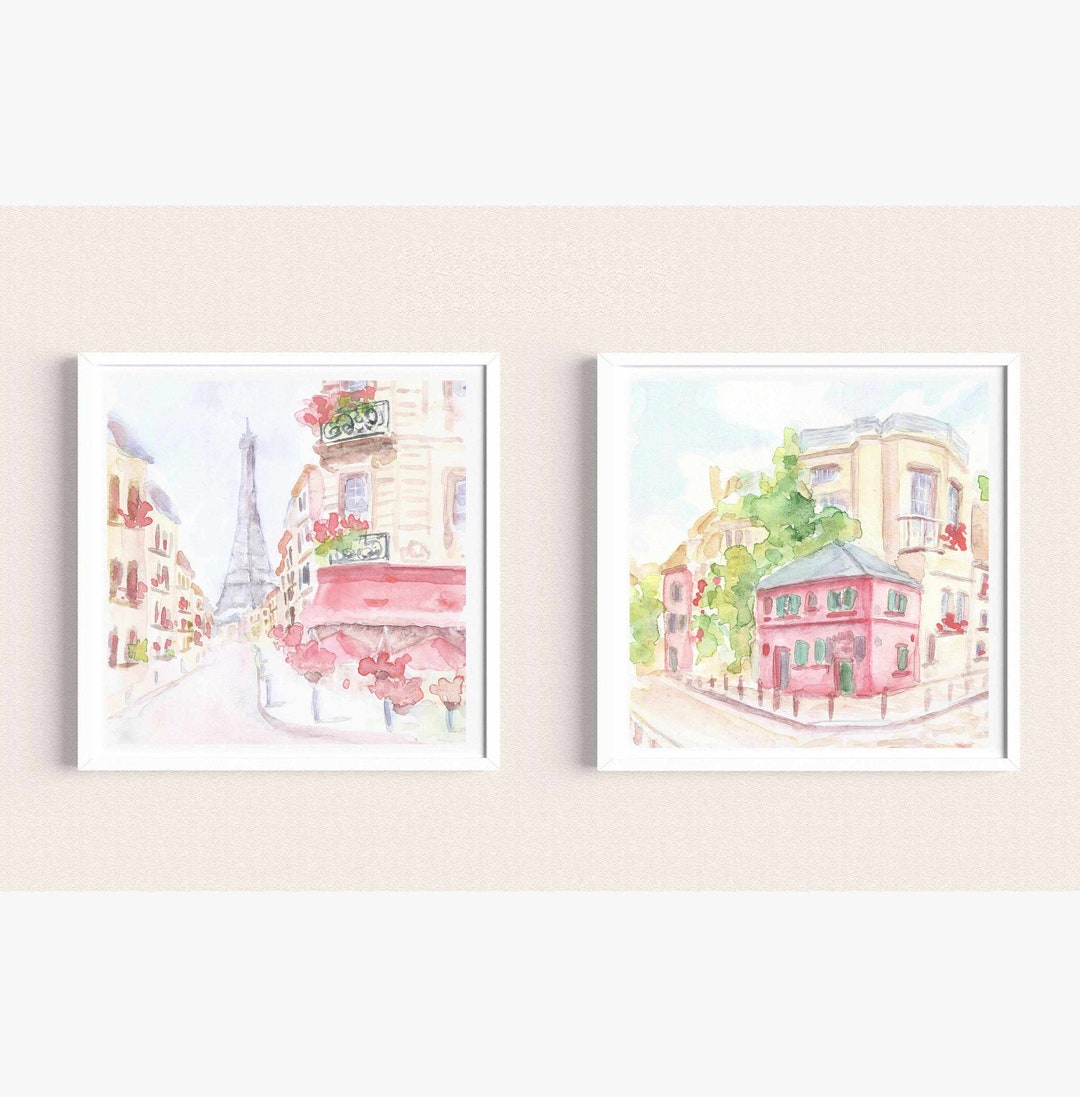 Pastel Pink Preppy Paris France Watercolor Print Set of 2 Eiffel Tower ...