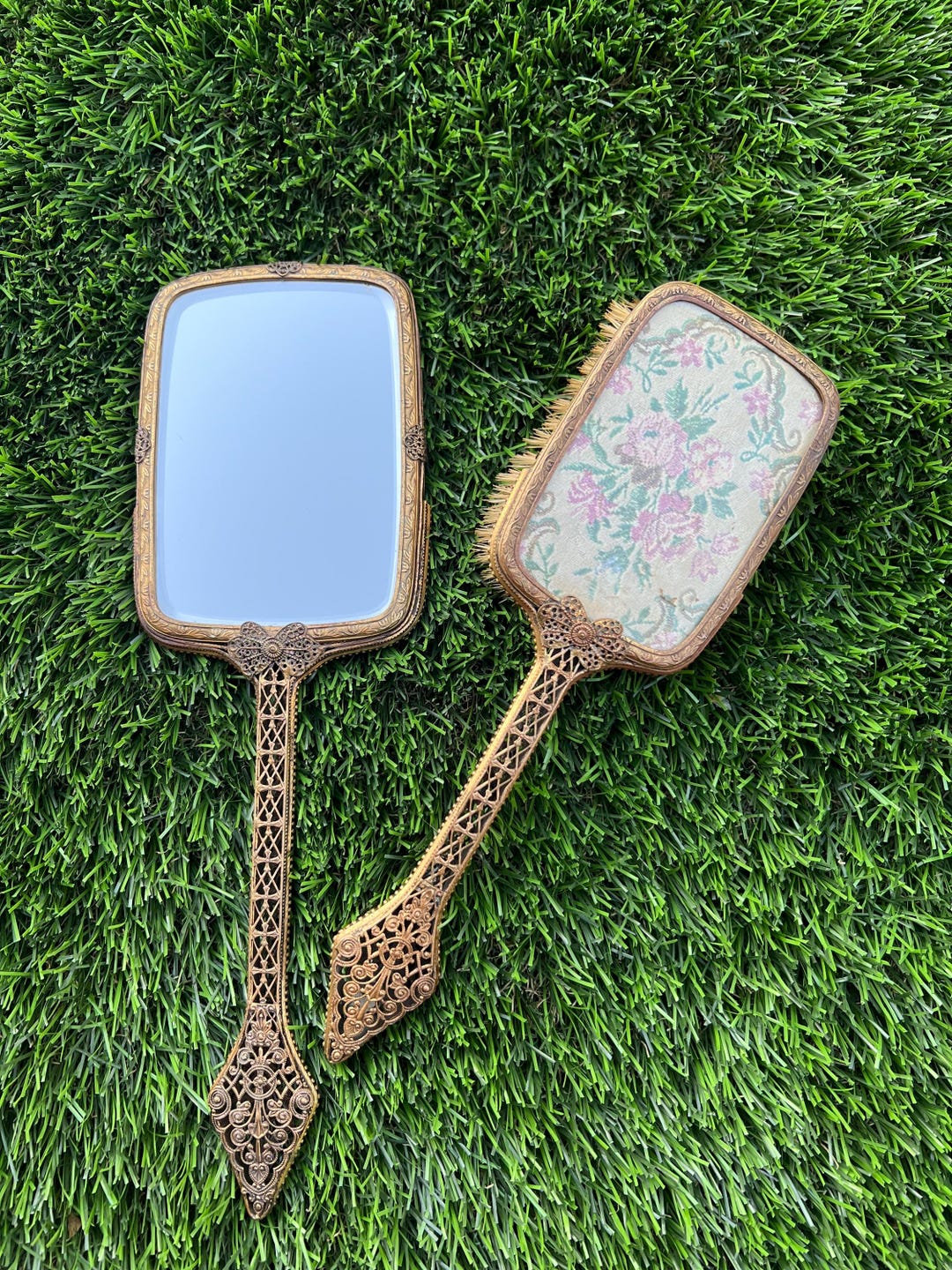 Brass Needlepoint Vanity Brush Set - Etsy