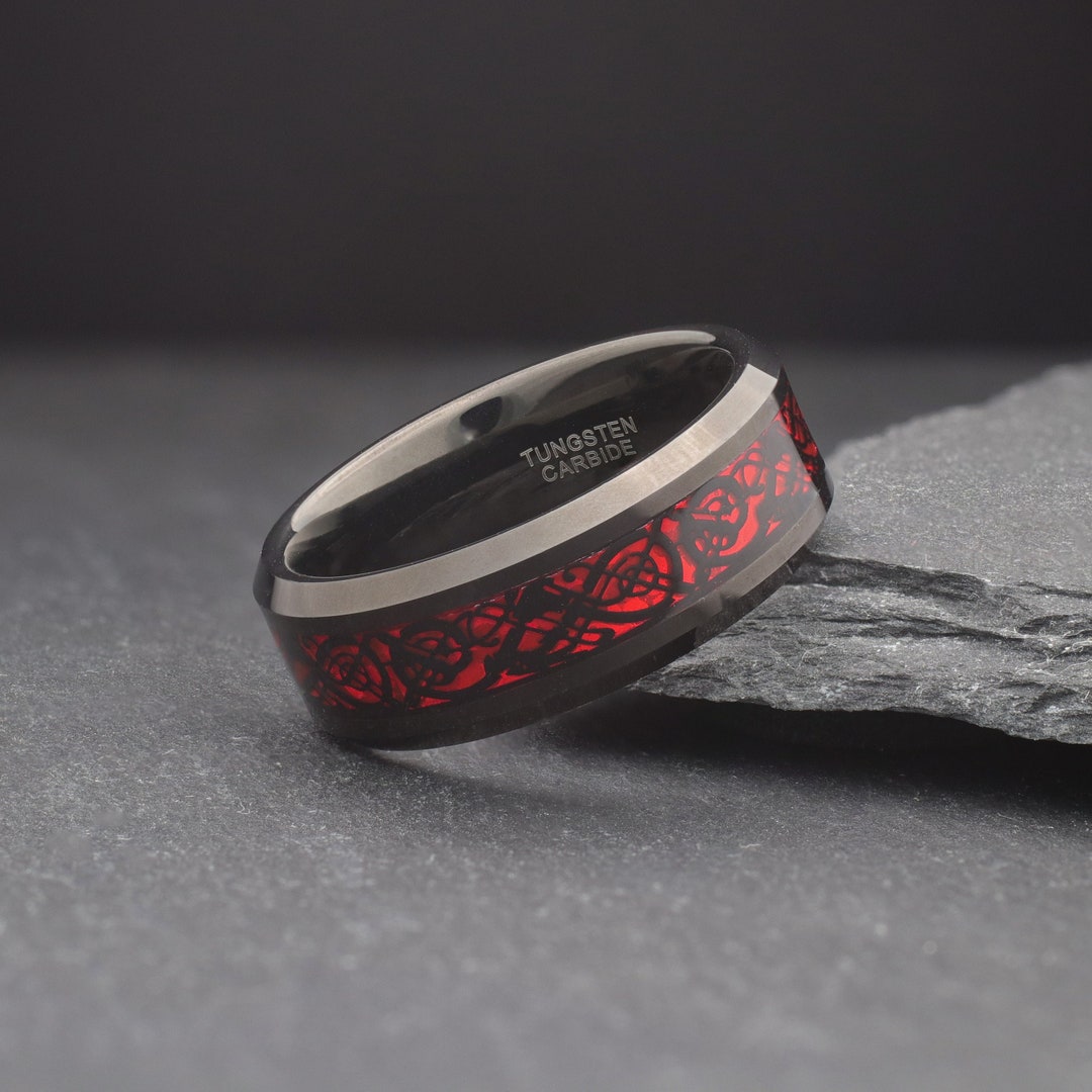 Black & Red Fantasy Dragon Gothic Ring, Carbon Fibre Ring Inlay, Chunky ...