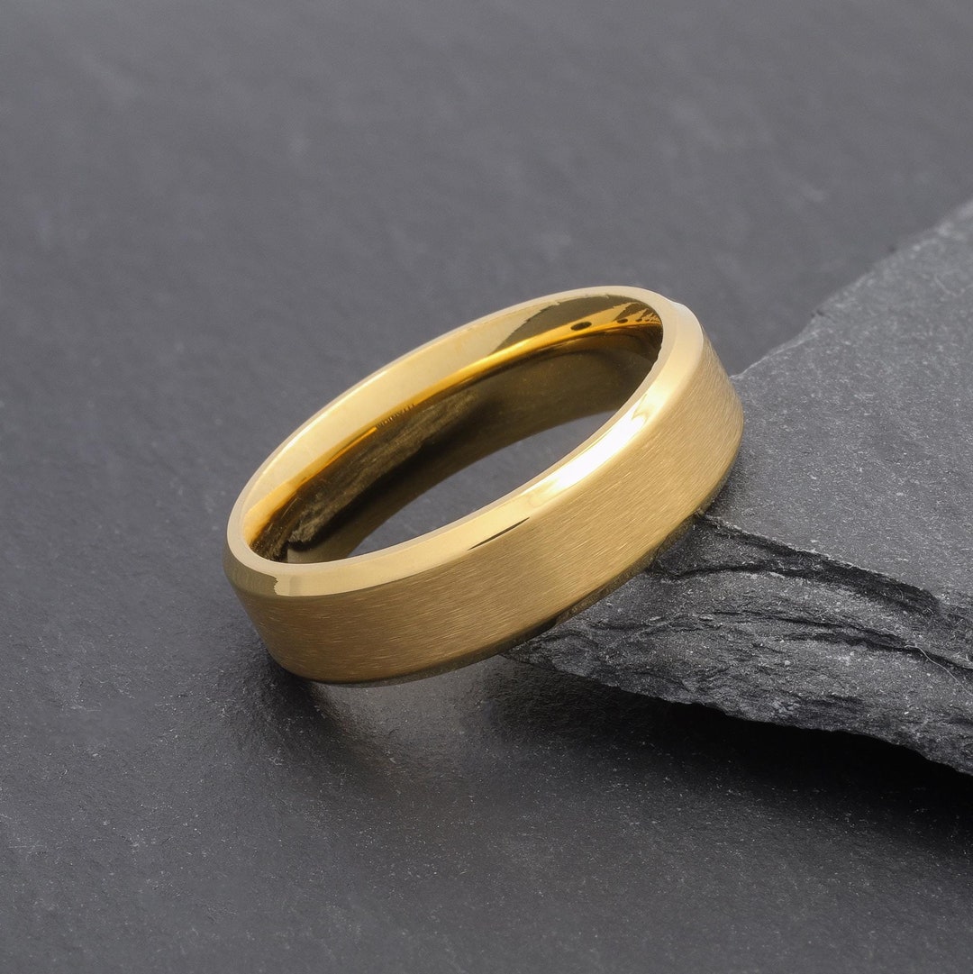 Gold Titanium Bevelled Edge Ring, Minimalist Comfort Fit Wedding Band ...