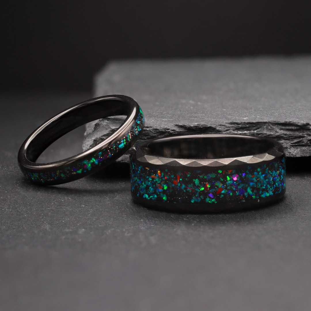 Galaxy Meteorite Unique Couples Wedding Ring Set, His and Hers Black ...