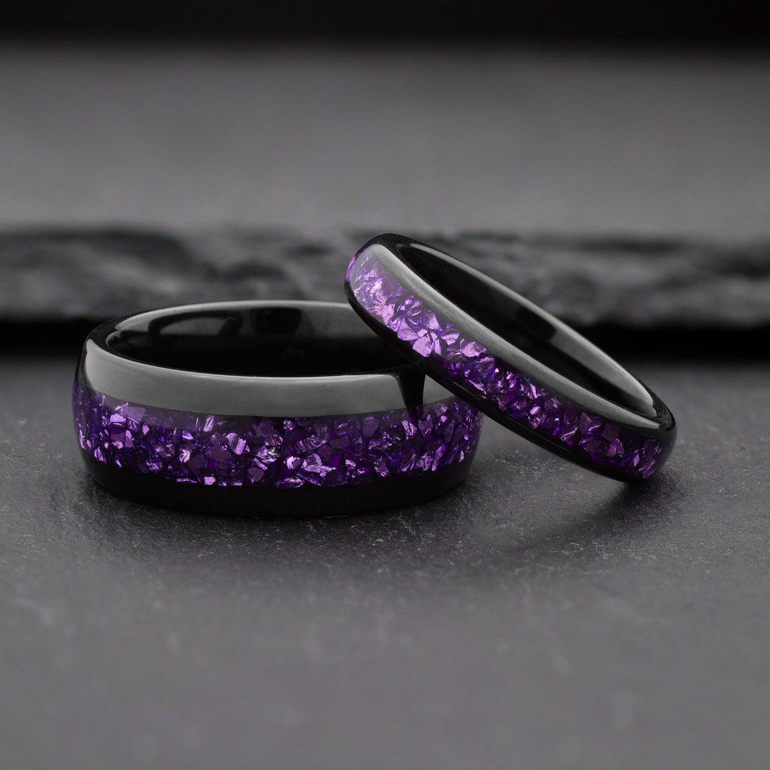 Purple Amethyst Ring Set, Black Tungsten Ring, His and Hers Wedding ...