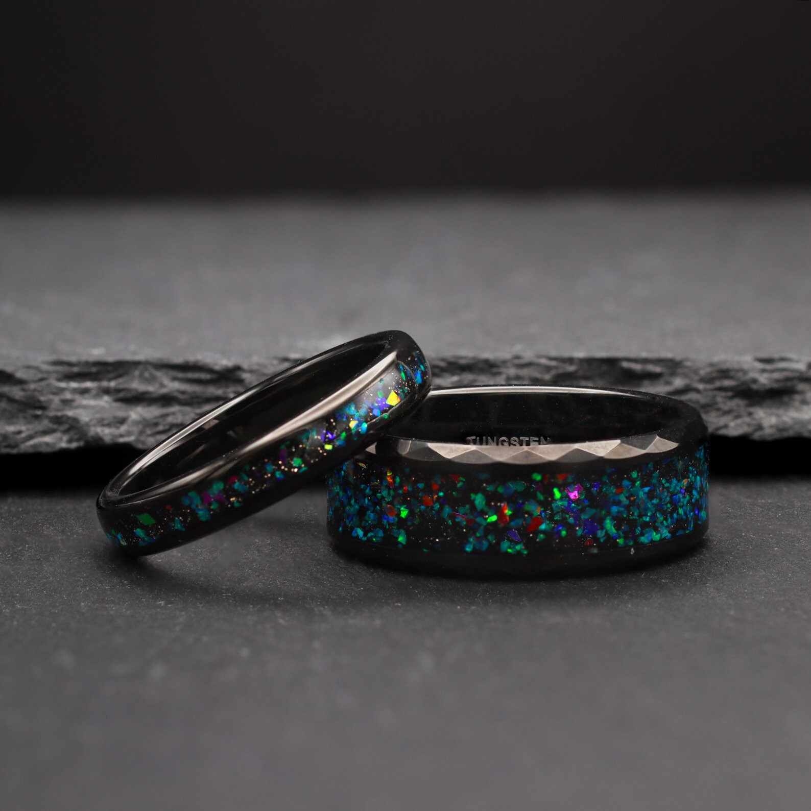 Galaxy Meteorite Unique Couples Wedding Ring Set, His and Hers Black ...