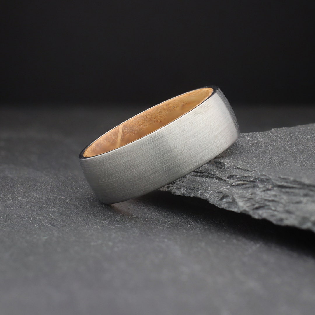 Mens Unique Whiskey Barrel Oak Wood Ring, Silver Tungsten & Wood ...