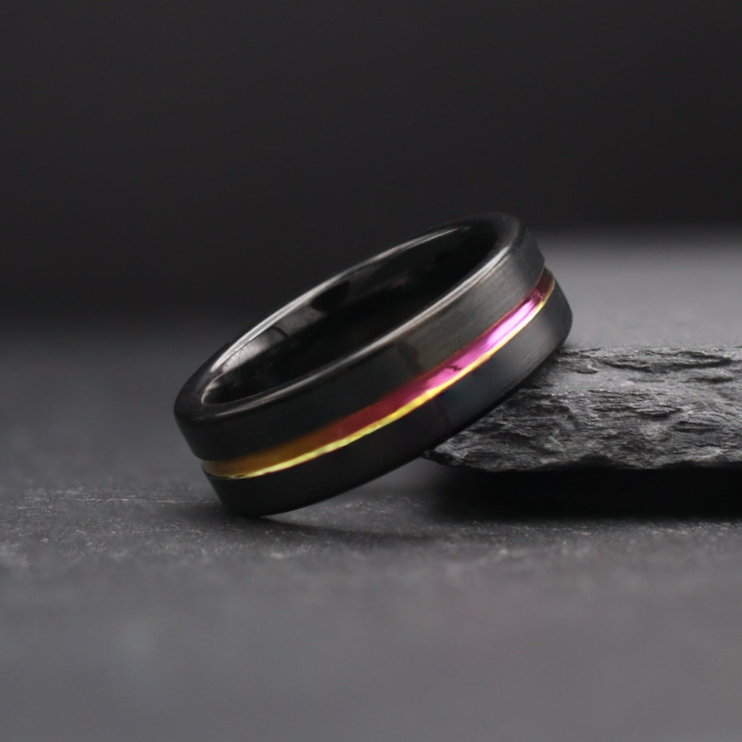 Rainbow Effect Colourful Ring, Unique Tungsten Wedding Band ...