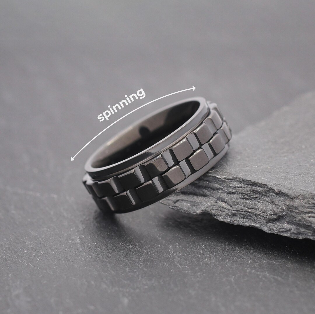 Mens Rotating Spinner Ring, Black Fidget Ring for Anxiety, Chunky ...