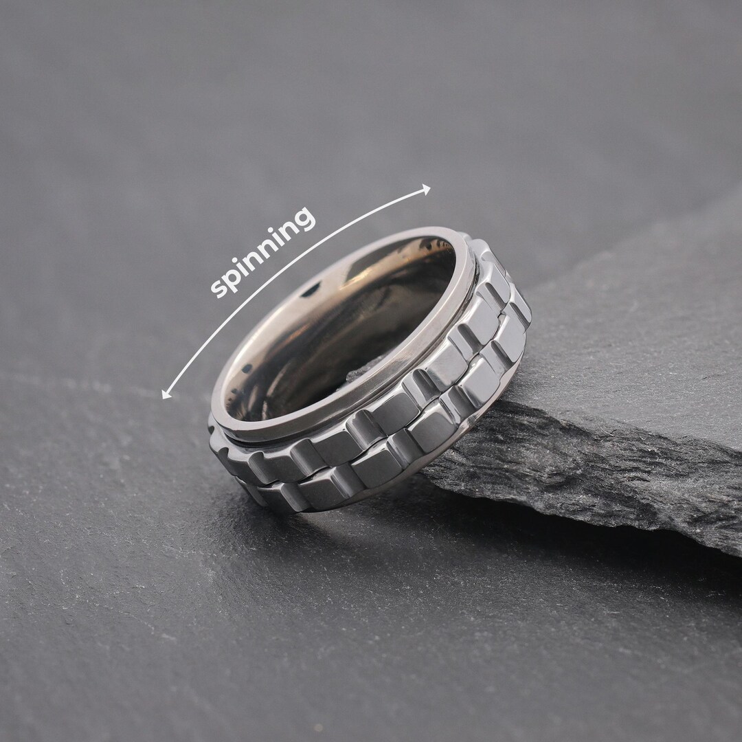 Mens Rotating Spinner Ring, Silver Fidget Ring for Anxiety, Chunky ...