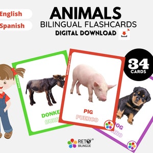 ANIMALS Bilingual Montessori Flashcards English // Spanish - Etsy
